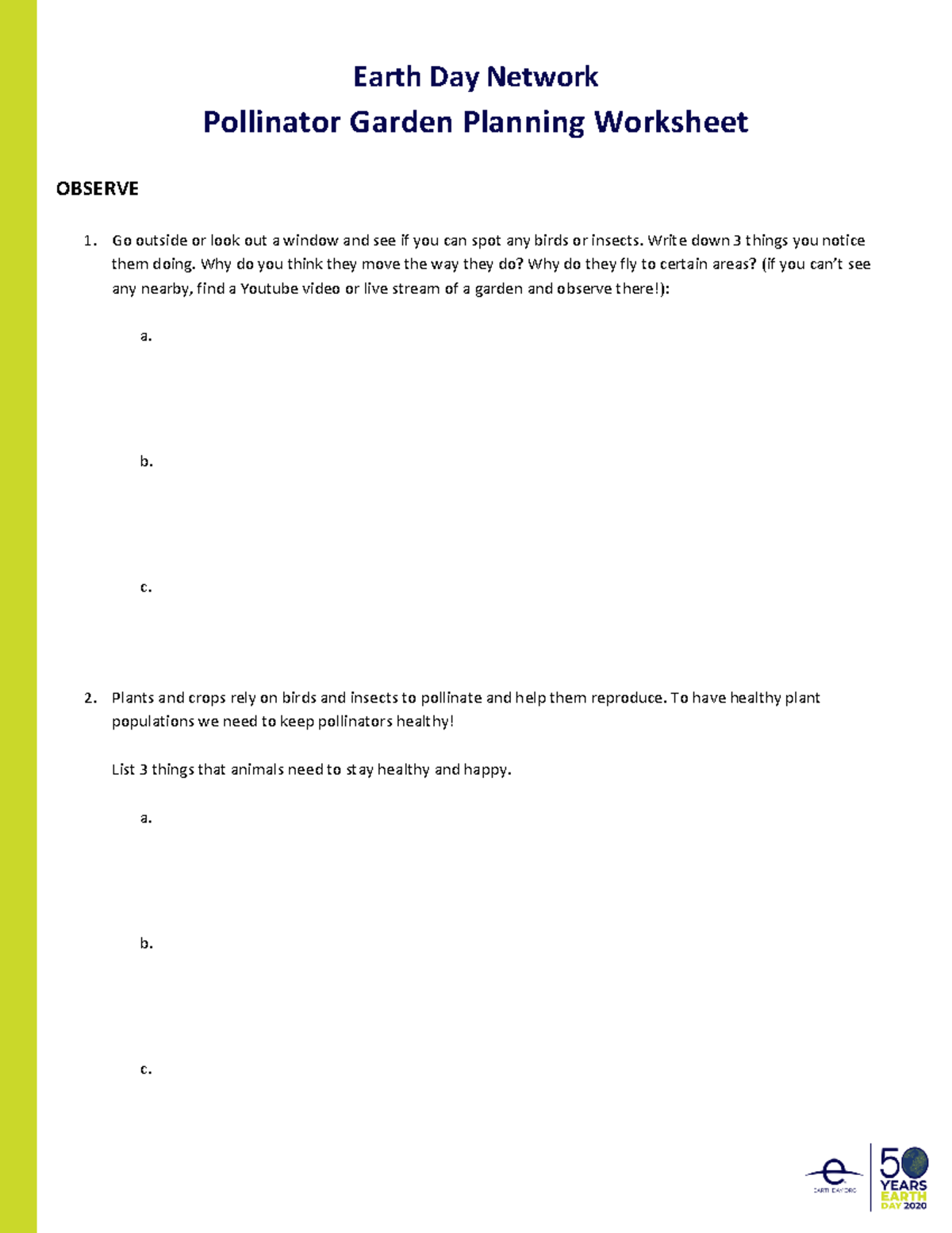 Earth Day Pollinator Garden Planning Worksheet - Earth Day Network ...
