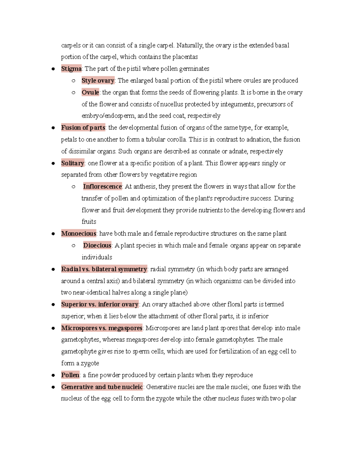 BIOL 112 - Plant Reproduction Terms (2) - carpels or it can consist of ...