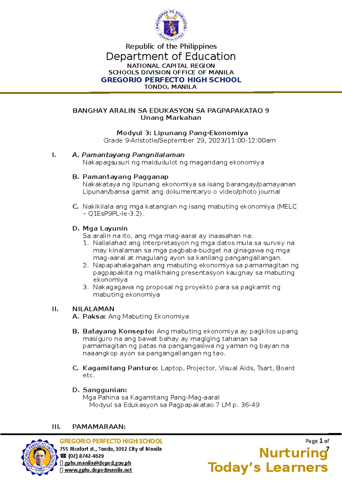 LP COT 1 G9 - Lesson plan for grade 9 - Department of Education ...