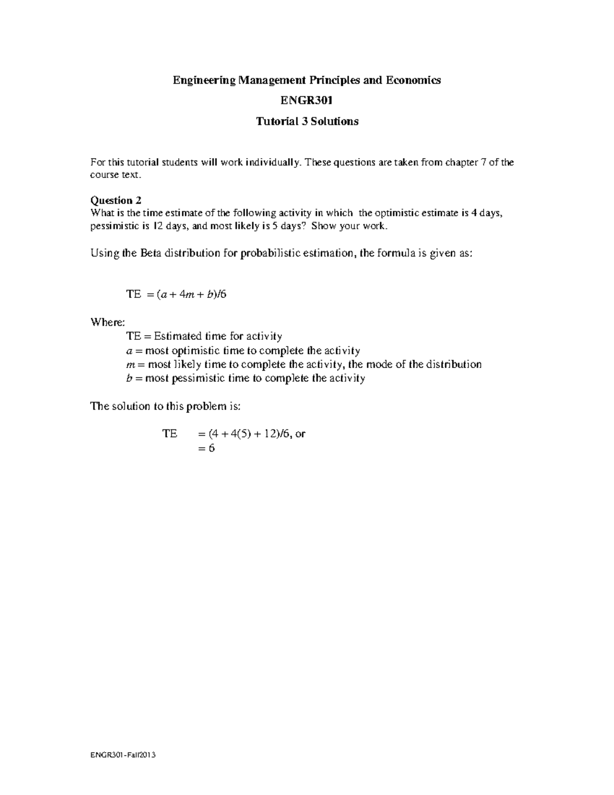 Tutorial 3 Updated Solutions - Engineering Management Principles and ...