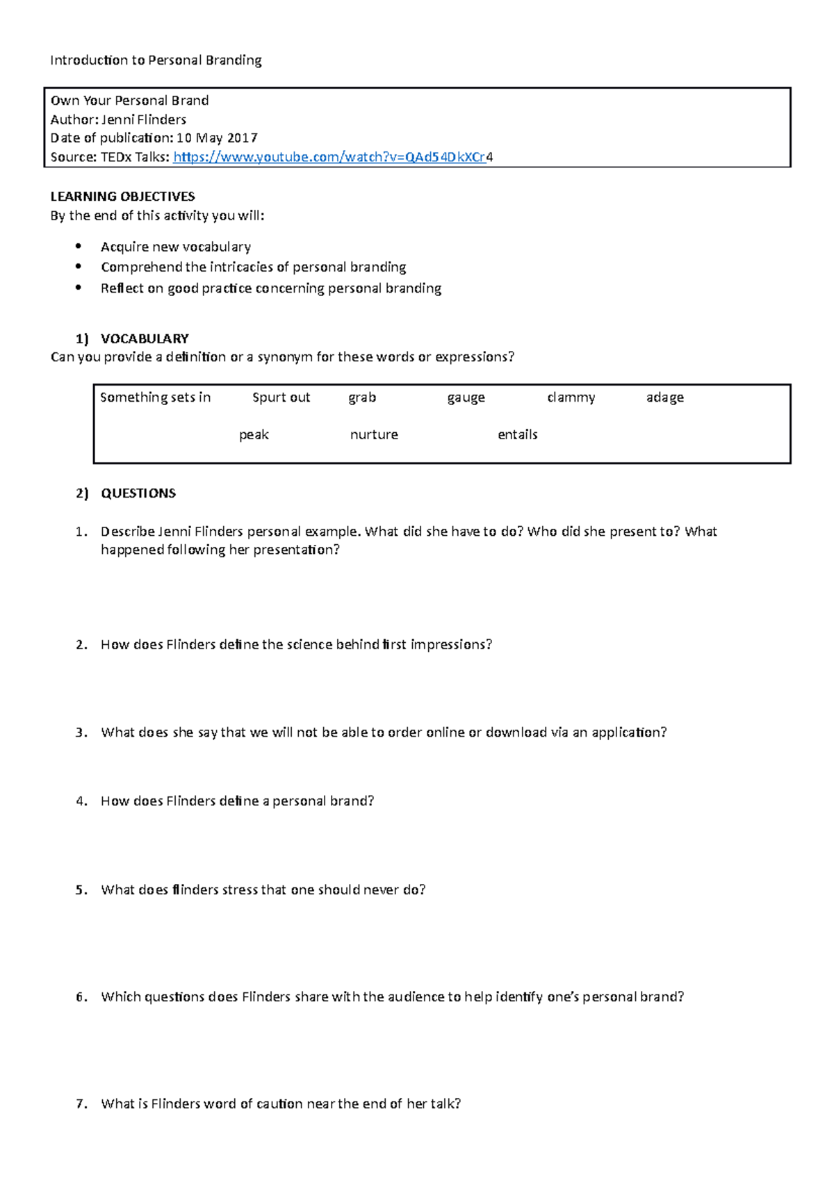 Jenni Flinders Ted Talk - Worksheet - Introduction to Personal Branding ...