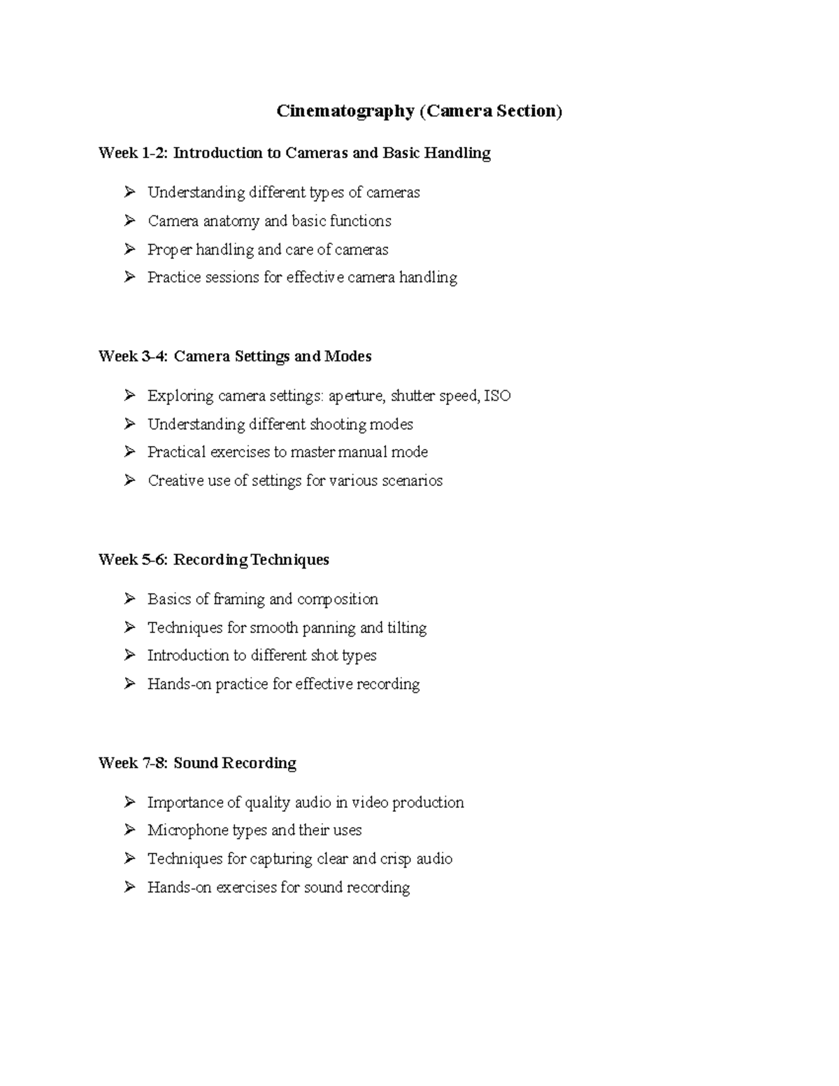 Media Studies Course outline - Cinematography (Camera Section) Week 1-2 ...