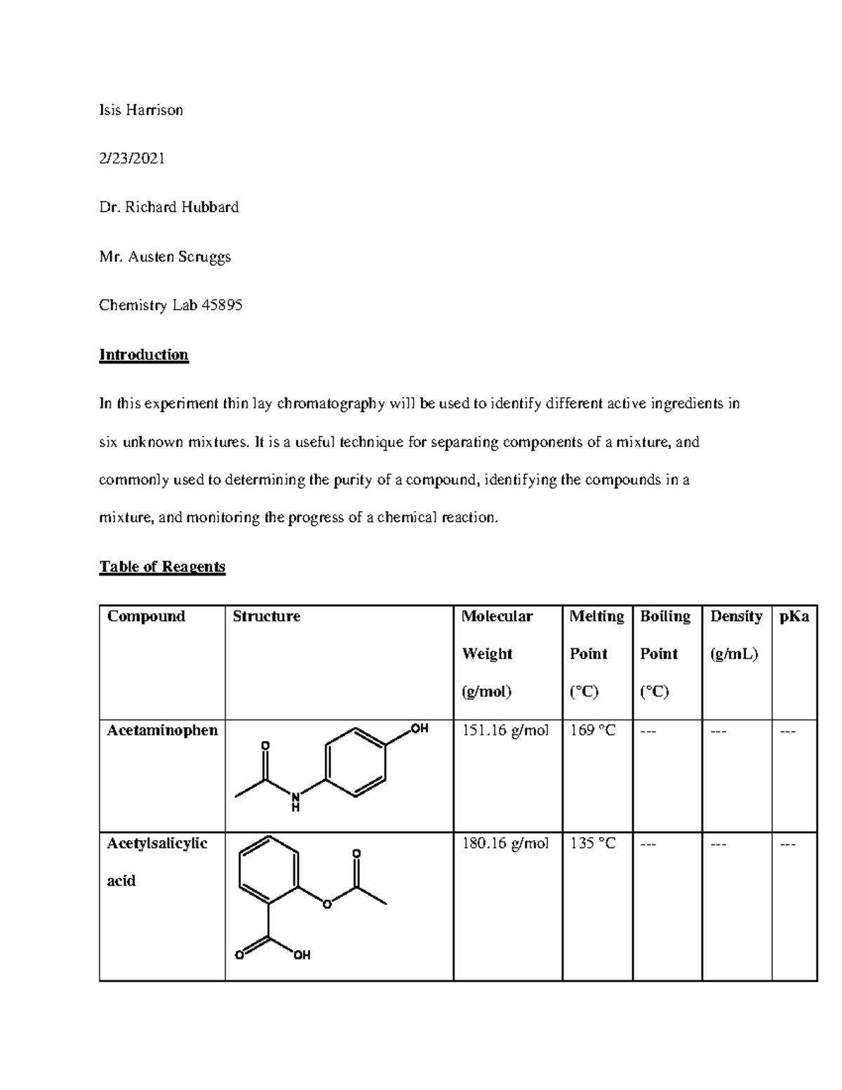 Experiment 4 Pre Lab - Isis Harrison 2/23/ Dr. Richard Hubbard Mr. Austen Scruggs Chemistry Lab ...
