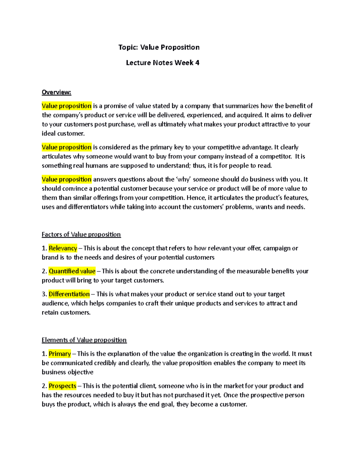 Value proposition - Topic: Value Proposition Lecture Notes Week 4 ...