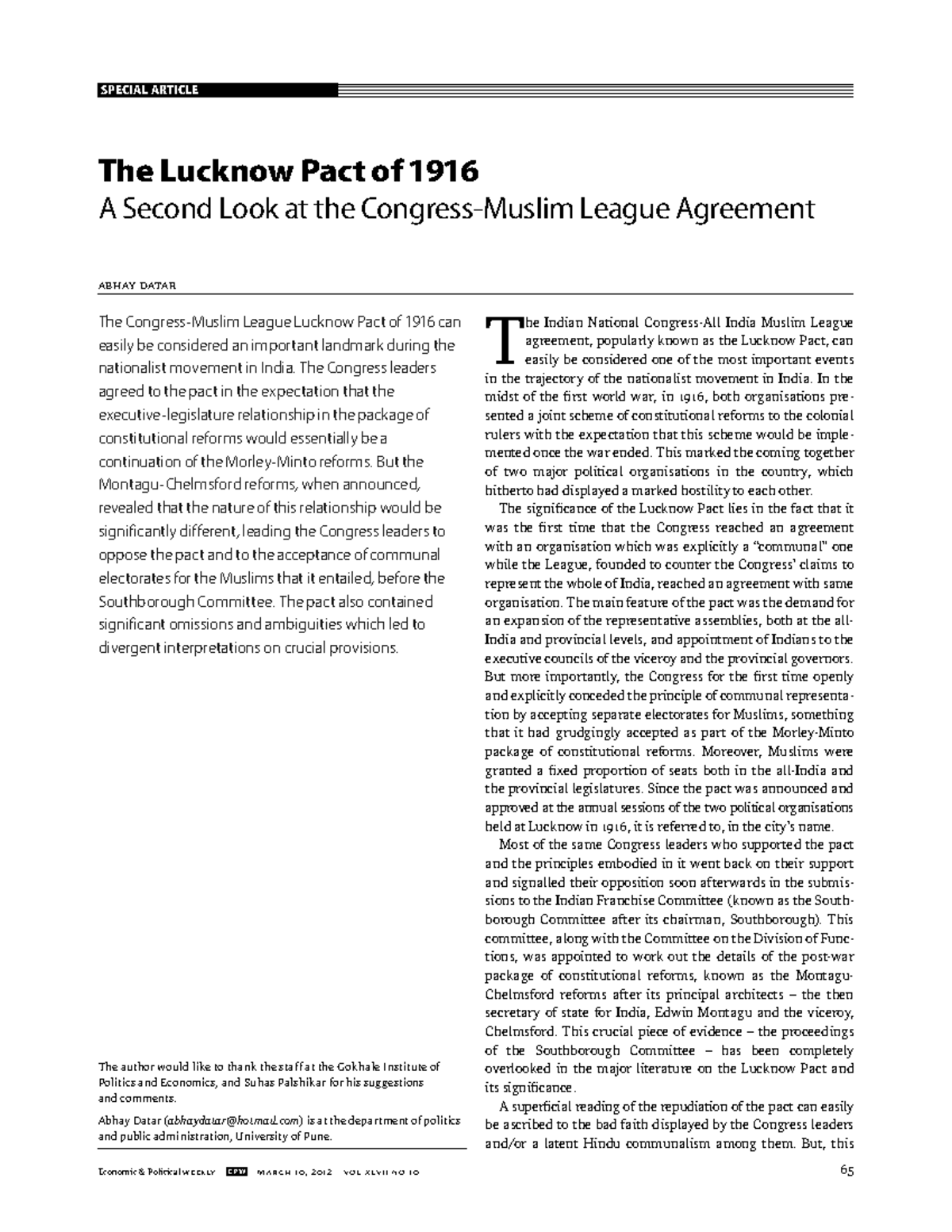 The Lucknow Pact of 1916 A Second Look a - The Congress leaders agreed ...