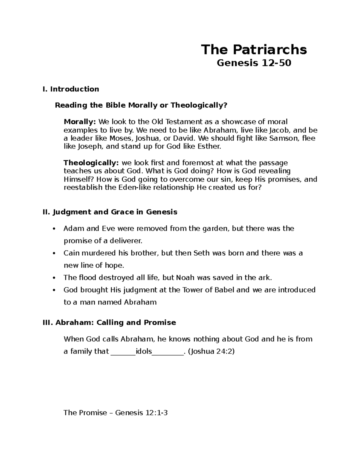 Genesis 12-50 Handout - The Patriarchs Genesis 12- I. Introduction ...