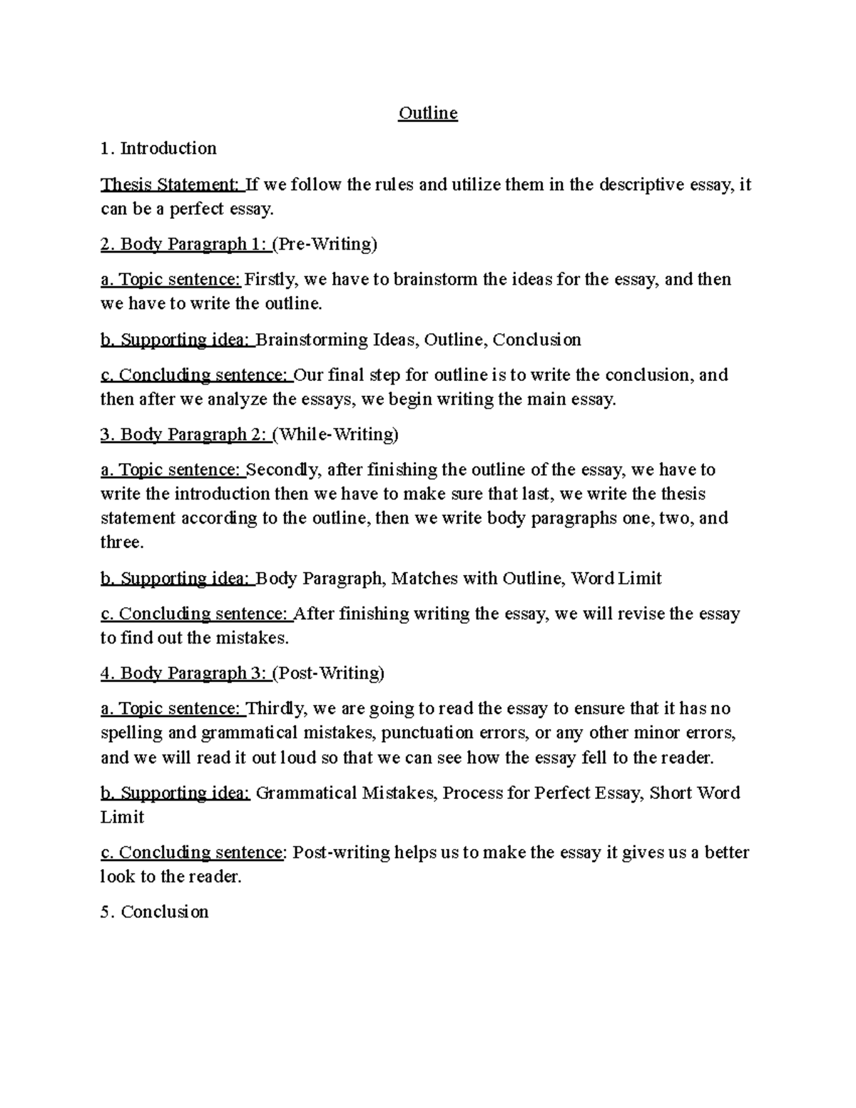 How to write a descriptive essay - Outline Introduction Thesis ...