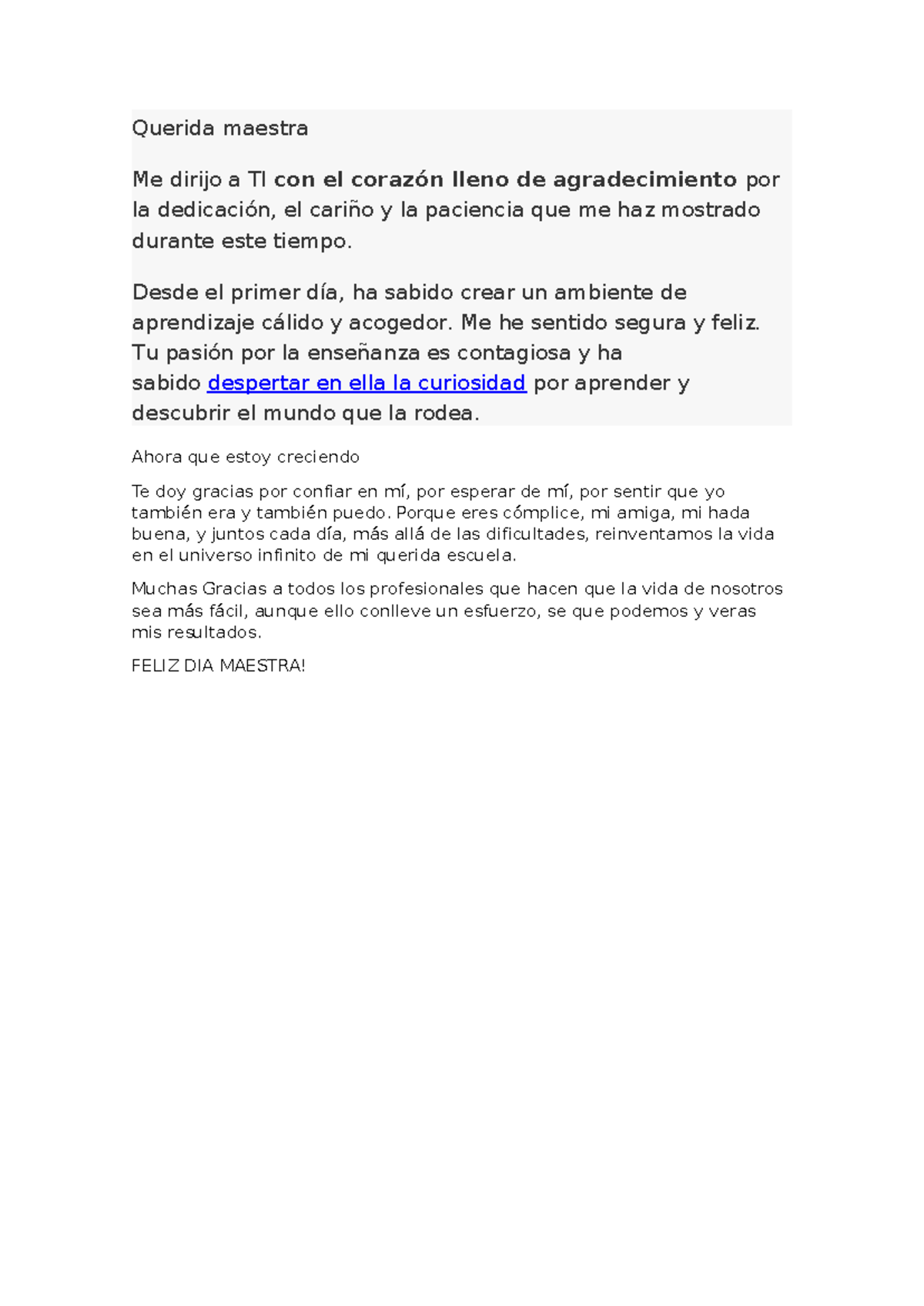 Querida maestra - Desde el primer día, ha sabido crear un ambiente de ...