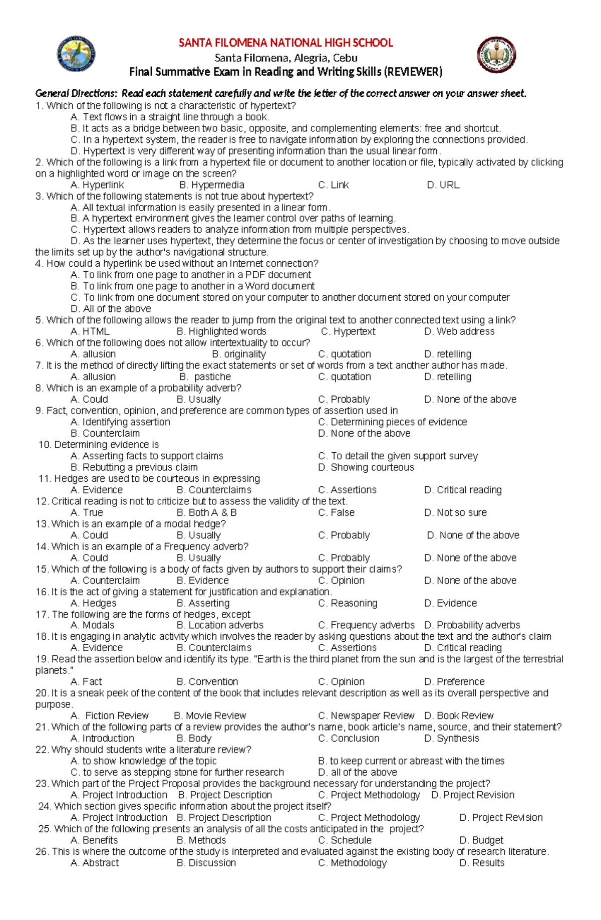 Final Summative in Reading and Writing Reviewer - SANTA FILOMENA ...