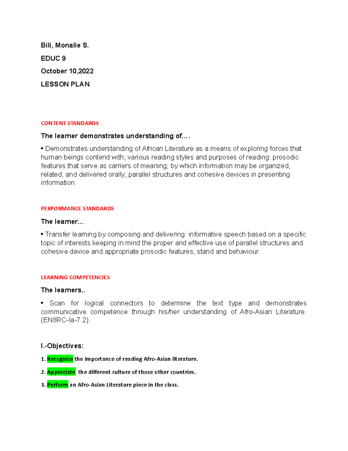 BILI, Monalie S. First PAGE OF Lesson PLAN - Bili, Monalie S. EDUC 9 ...