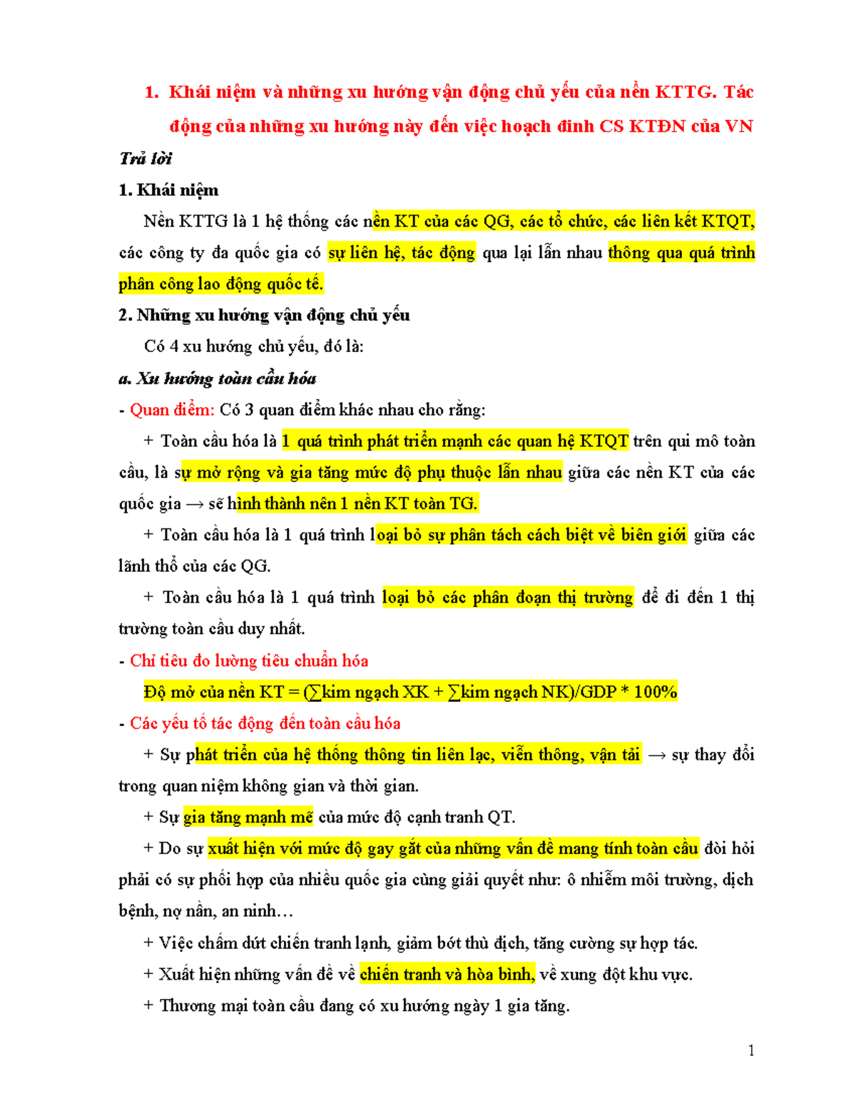 đề cương KTQT - bhghg - 1. Khái niệm và những xu hướng vận động chủ yếu ...