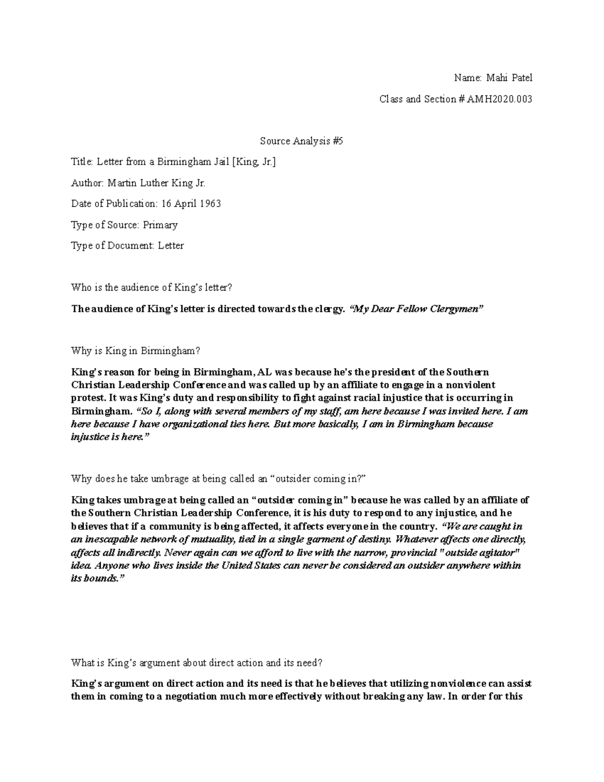 MLK Letter Source Analysis - Name: Mahi Patel Class and Section ...