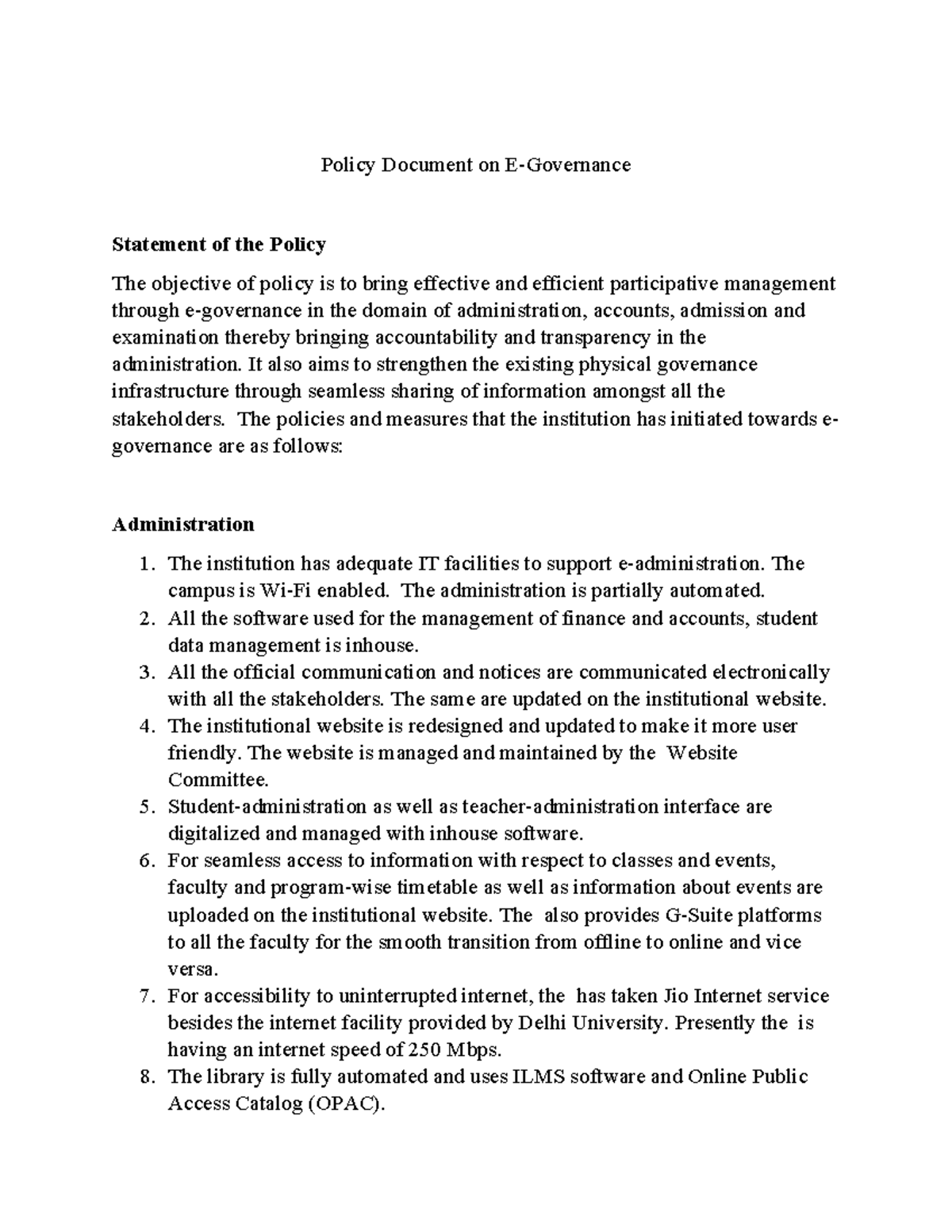 E Governance - Policy Document on E-Governance Statement of the Policy ...