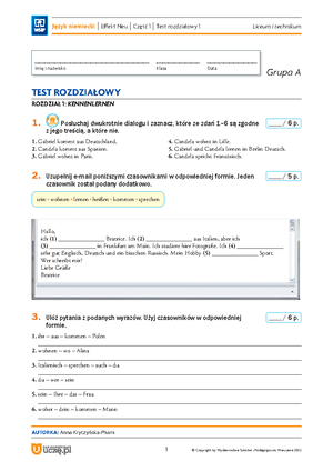Język niemiecki - Klasa: 1 - Liceum ogólnokształcące - Studocu