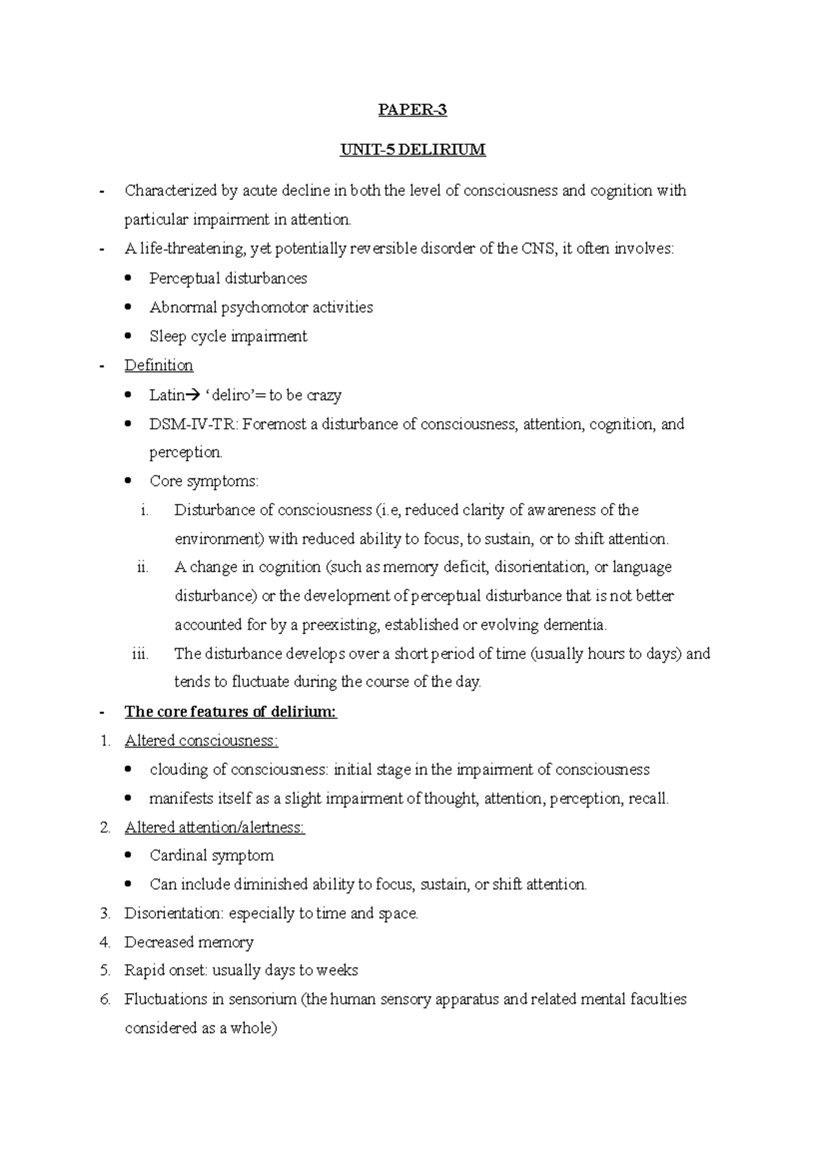 Delirium - Comprehensive textbook of Psychiatry - PAPER- UNIT-5 ...