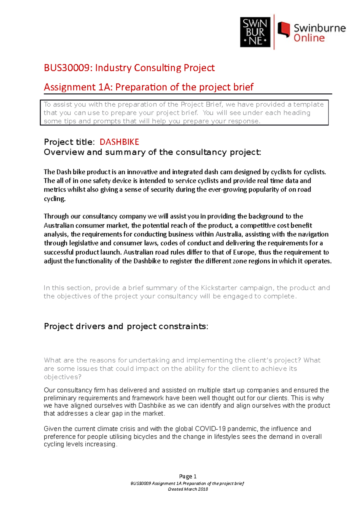 BUS30009 Project brief template - BUS30009: Industry Consulting Project ...