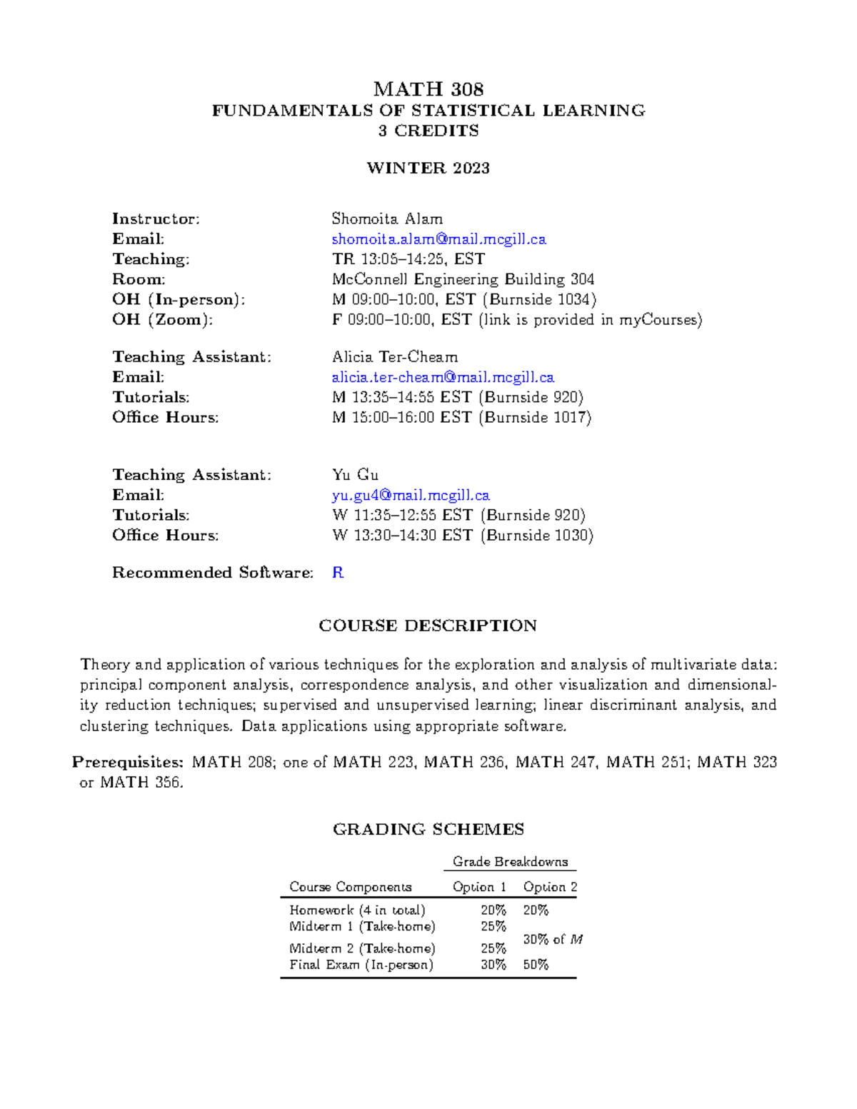 MATH308 W2023-Outline F - MATH 308 FUNDAMENTALS OF STATISTICAL LEARNING 3 CREDITS WINTER 2023 ...