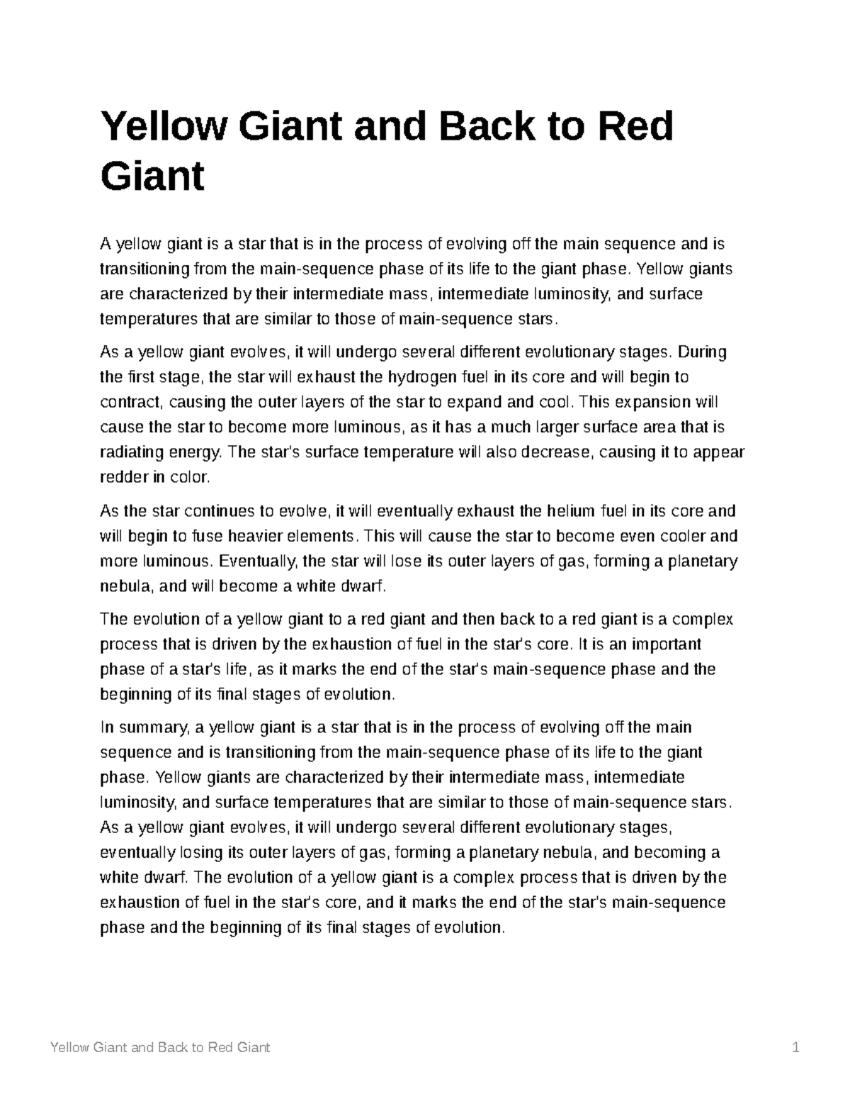 Yellow Giant and Back to Red Giant - Yellow giants are characterized by ...