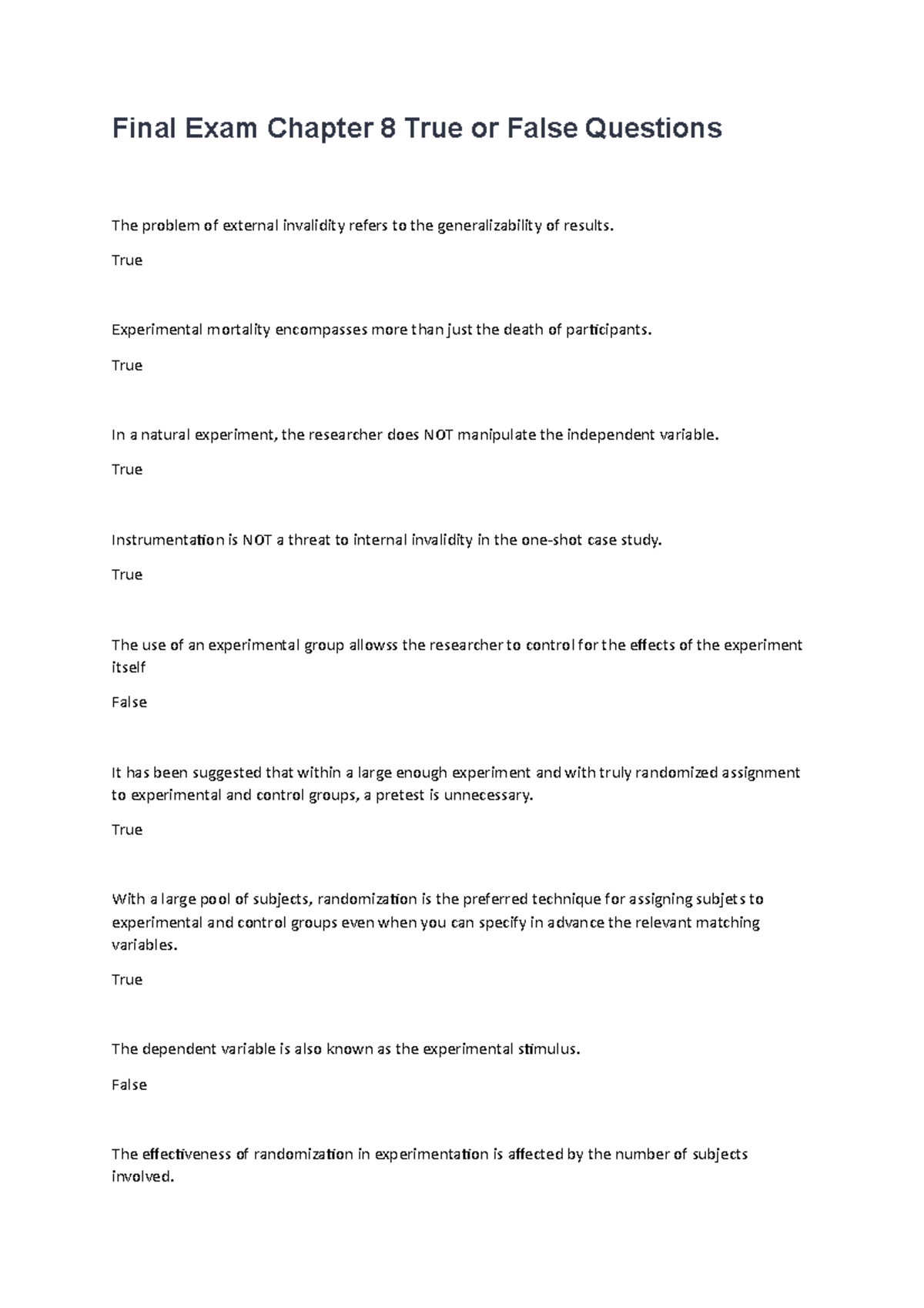 Chapter 8 True or False Questions - Final Exam Chapter 8 True or False ...
