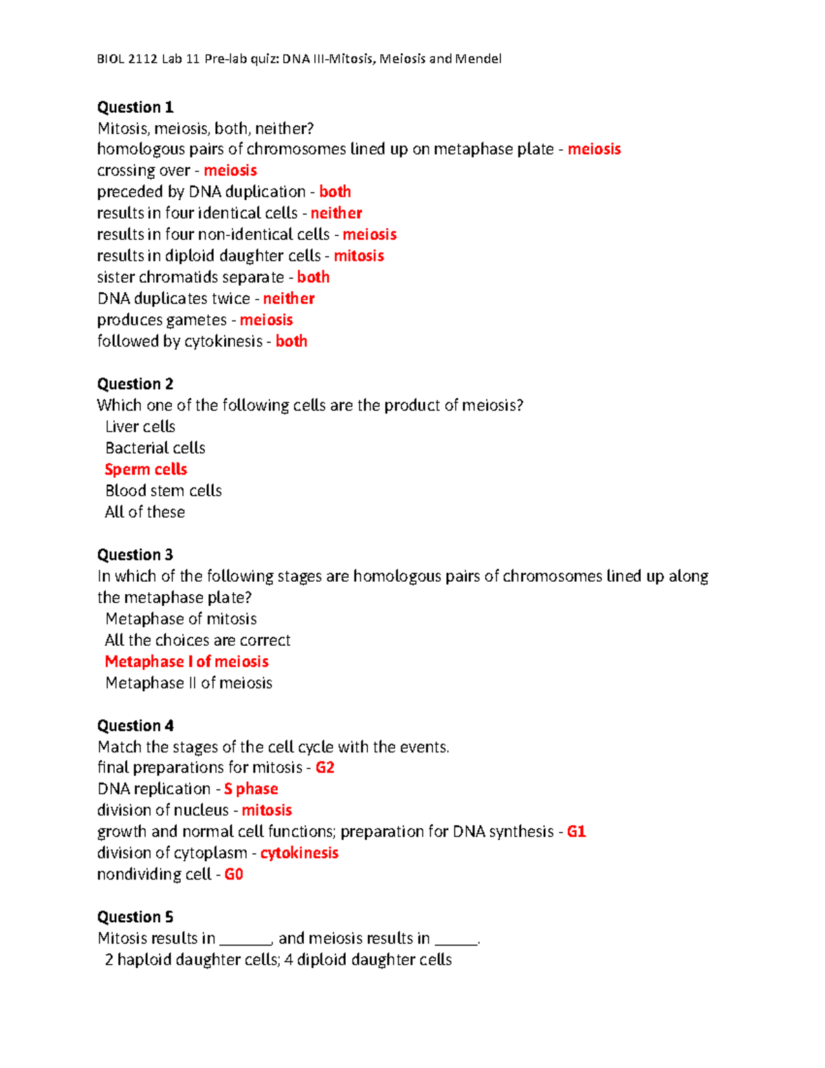 Lab 11 pre-lab quiz DNA III-Mitosis, Meiosis and Mendel - final ...