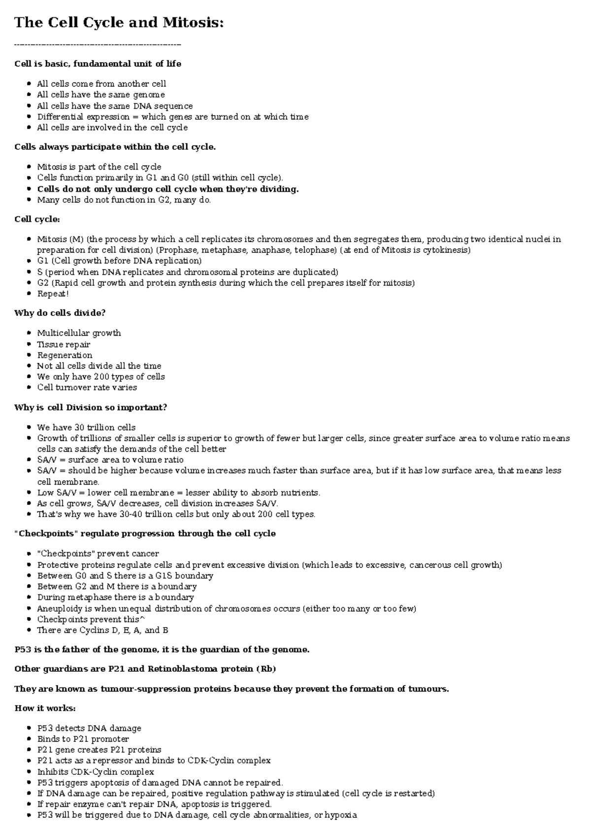 Bio 1001 Cycle 2 - Lecture 4 Notes - The Cell Cycle and Mitosis: - Cell ...