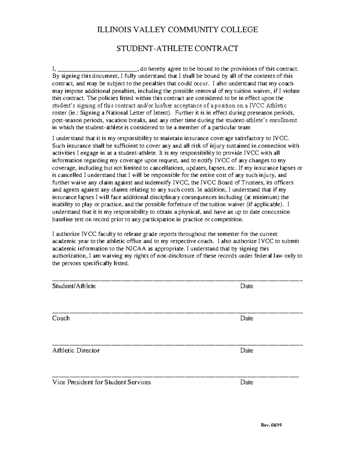 Student-Athlete Contract - ILLINOIS VALLEY COMMUNITY COLLEGE STUDENT ...