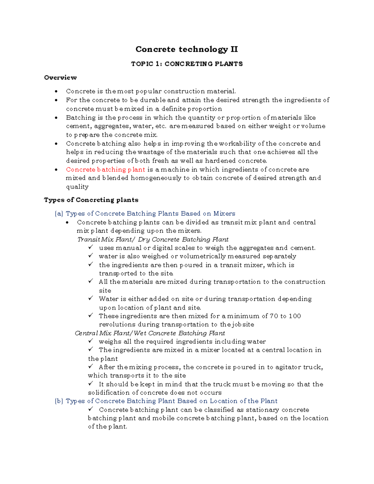 Concrete tech 1 Notes - Concrete technology II TOPIC 1: CONCRETING ...