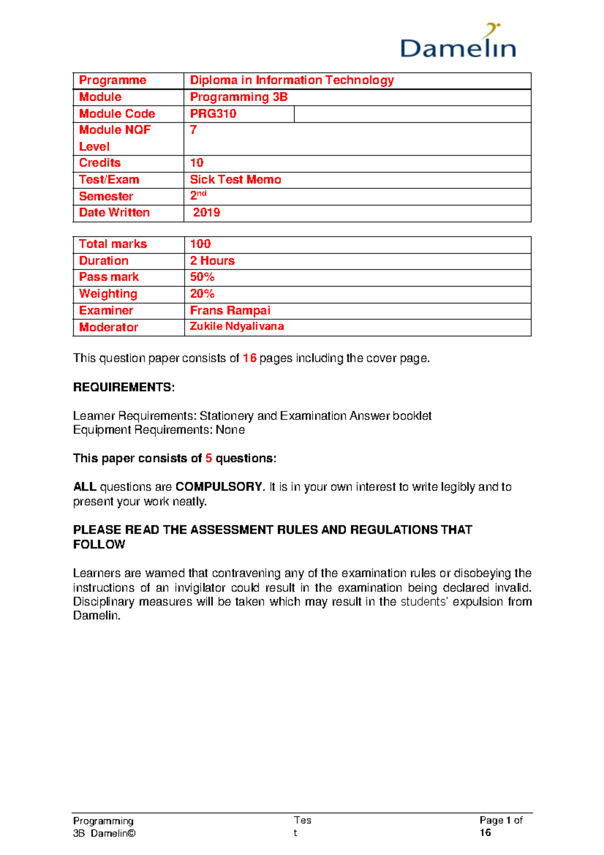 Programming 3B Sick Test Memo FT 2019p - Programme Diploma in ...