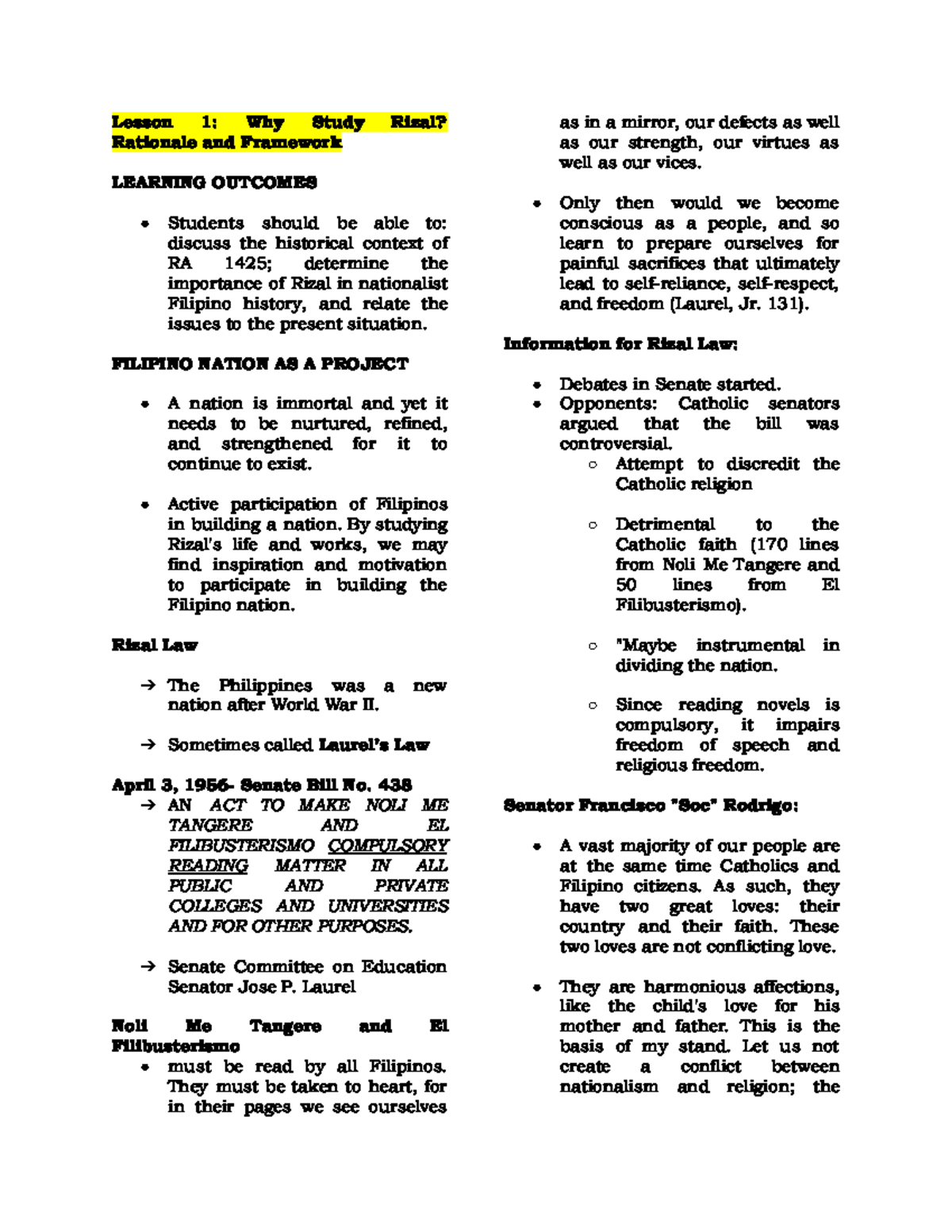 Rizal Notes - yes - Lesson 1: Why Study Rizal? Rationale and Framework ...