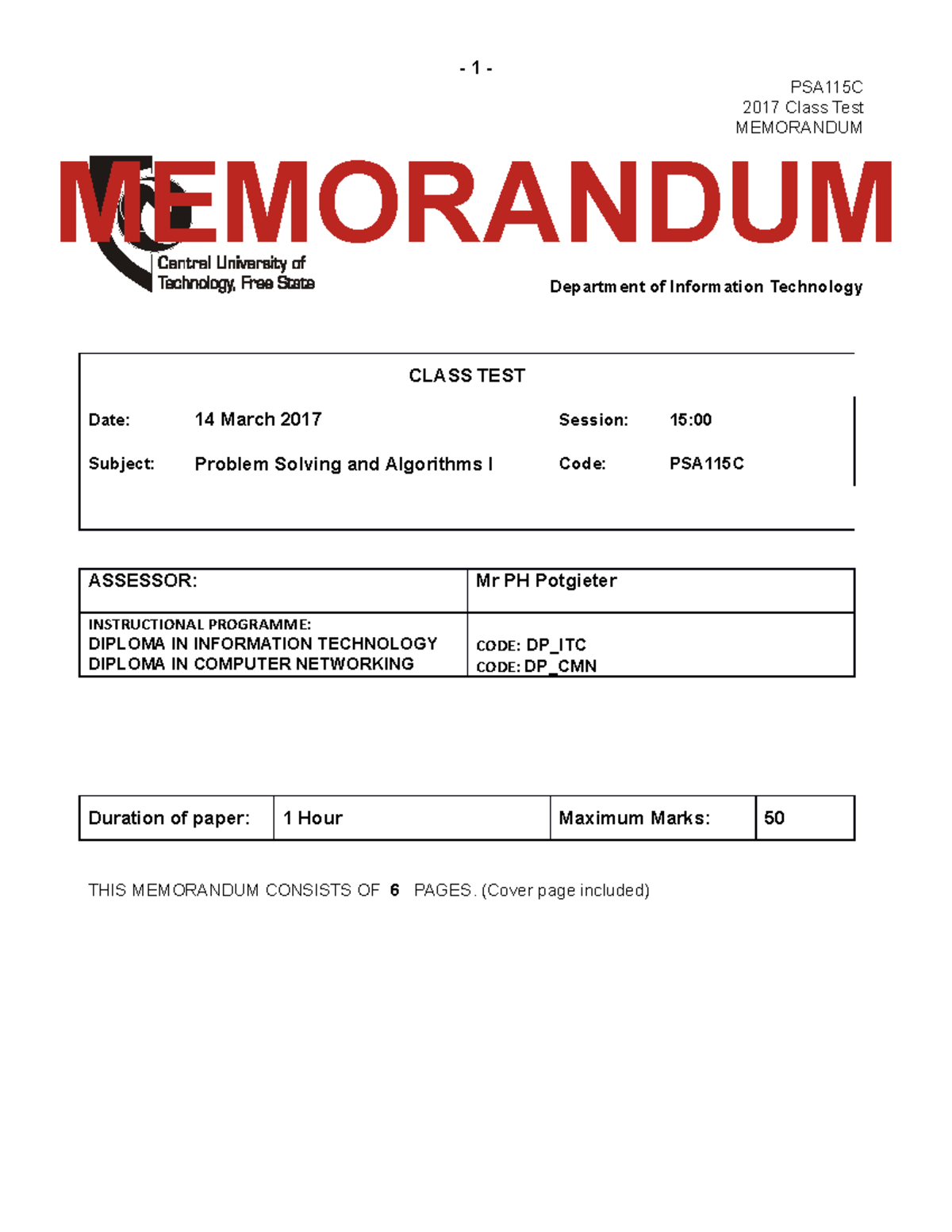 2017 PSA Class Test Memo - PSA115C 2017 Class Test MEMORANDUM ...