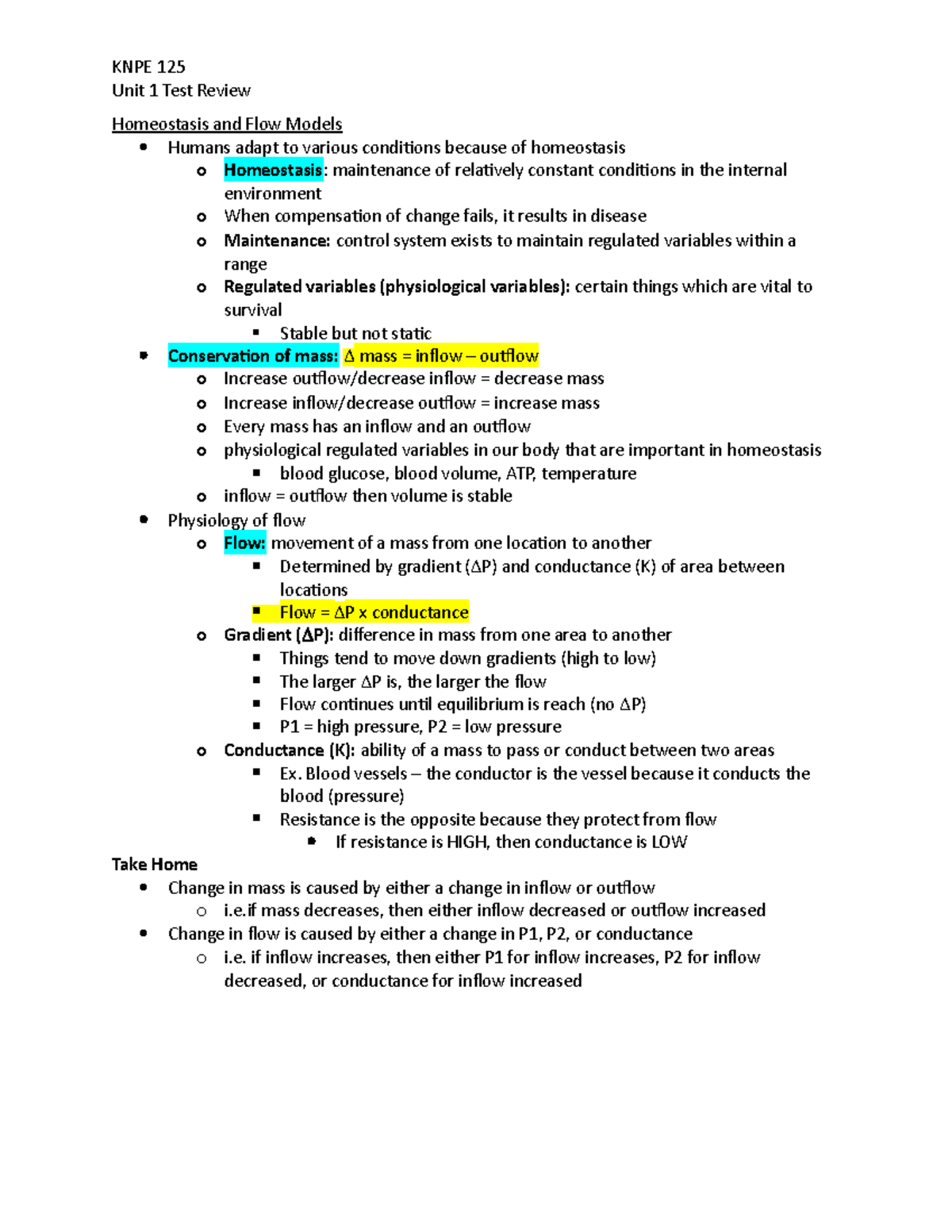 KNPE125 Unit Test 1 Review - Unit 1 Test Review Homeostasis and Flow ...