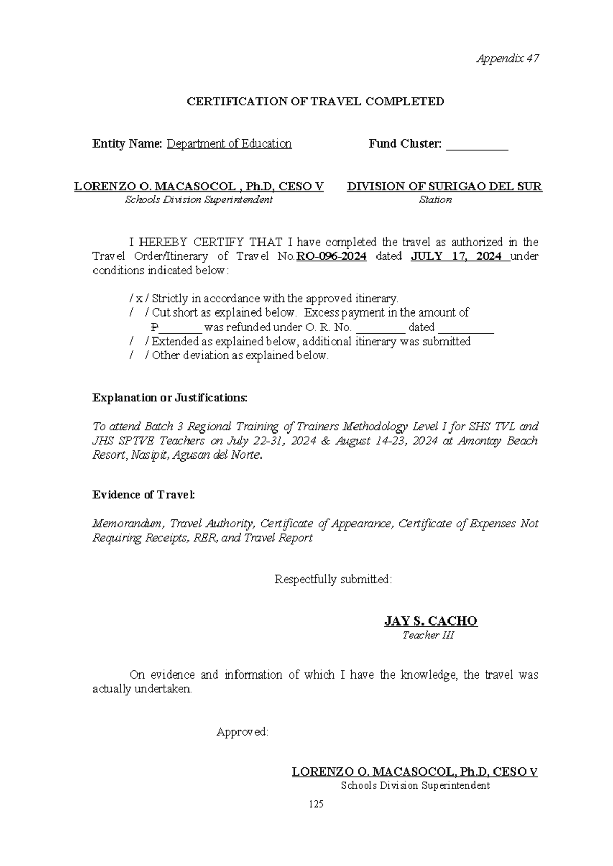 Certificate of Travel Completed - Appendix 4 7 CERTIFICATION OF TRAVEL ...