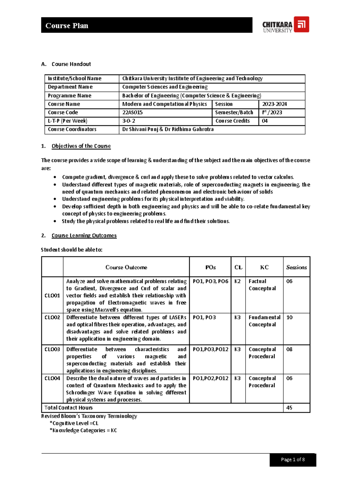 Mcp - our course hand out - A. Course Handout Institute/School Name ...
