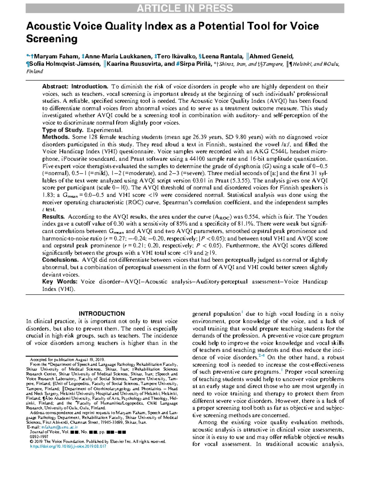 Unidad 1 Faham, M. (2019 ) Acoustic Voice Quality Index as a Potential ...