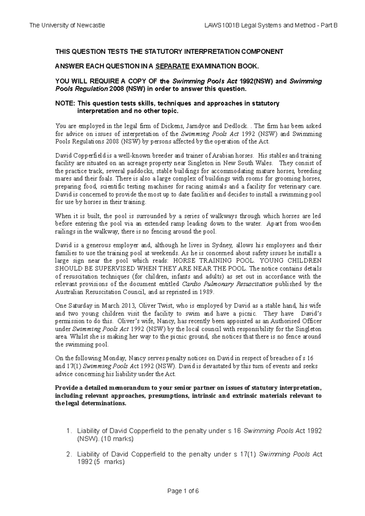 Practise Exam LAWS1011 - THIS QUESTION TESTS THE STATUTORY ...