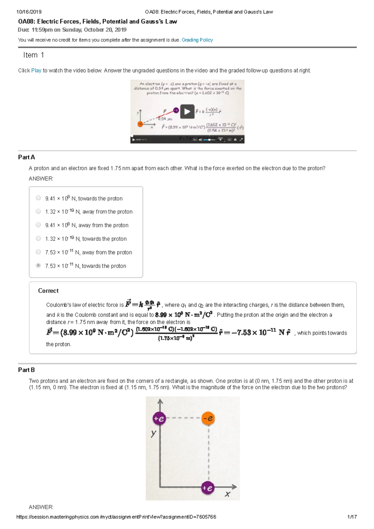 OA08 Electric Forces, Fields, Potential and Gauss's Law - Grading ...