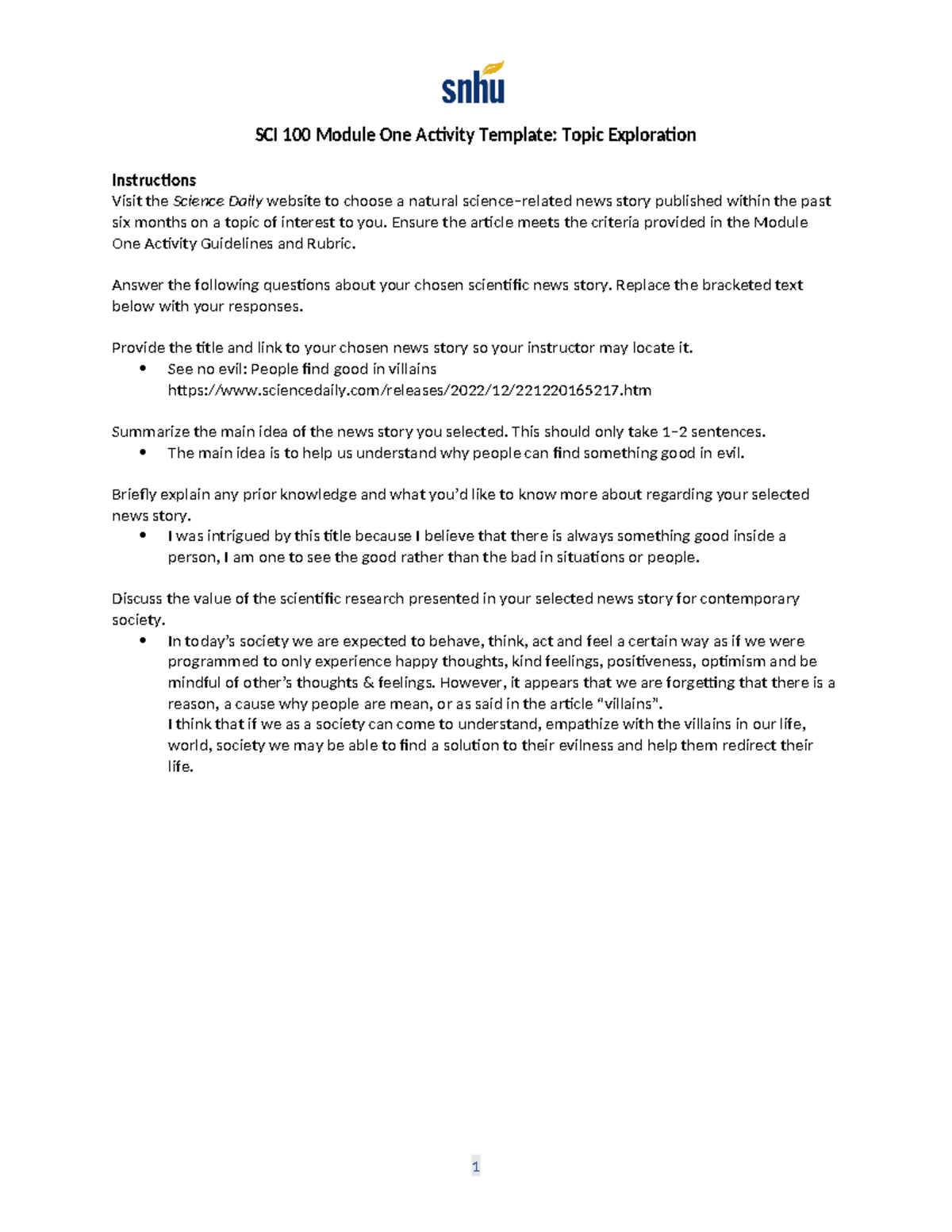 SCI 100 Module One Activity Template - Ensure the article meets the ...