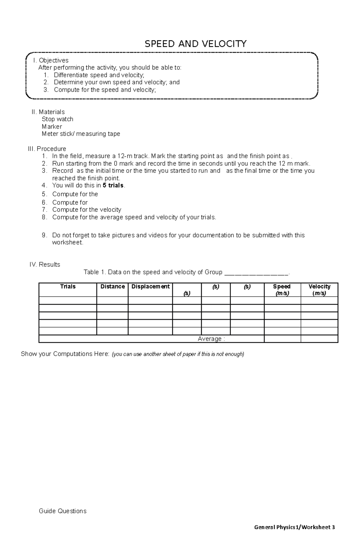 Practical Engineering Shit - SPEED AND VELOCITY I. Objectives After ...