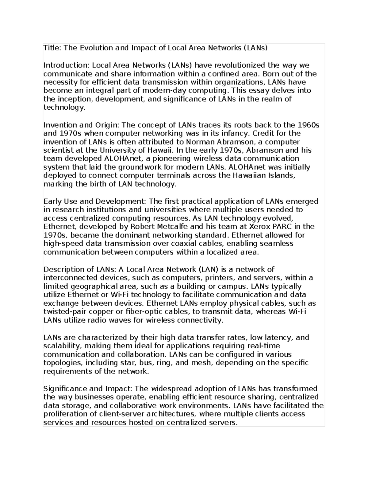 LAN - Title: The Evolution and Impact of Local Area Networks (LANs ...