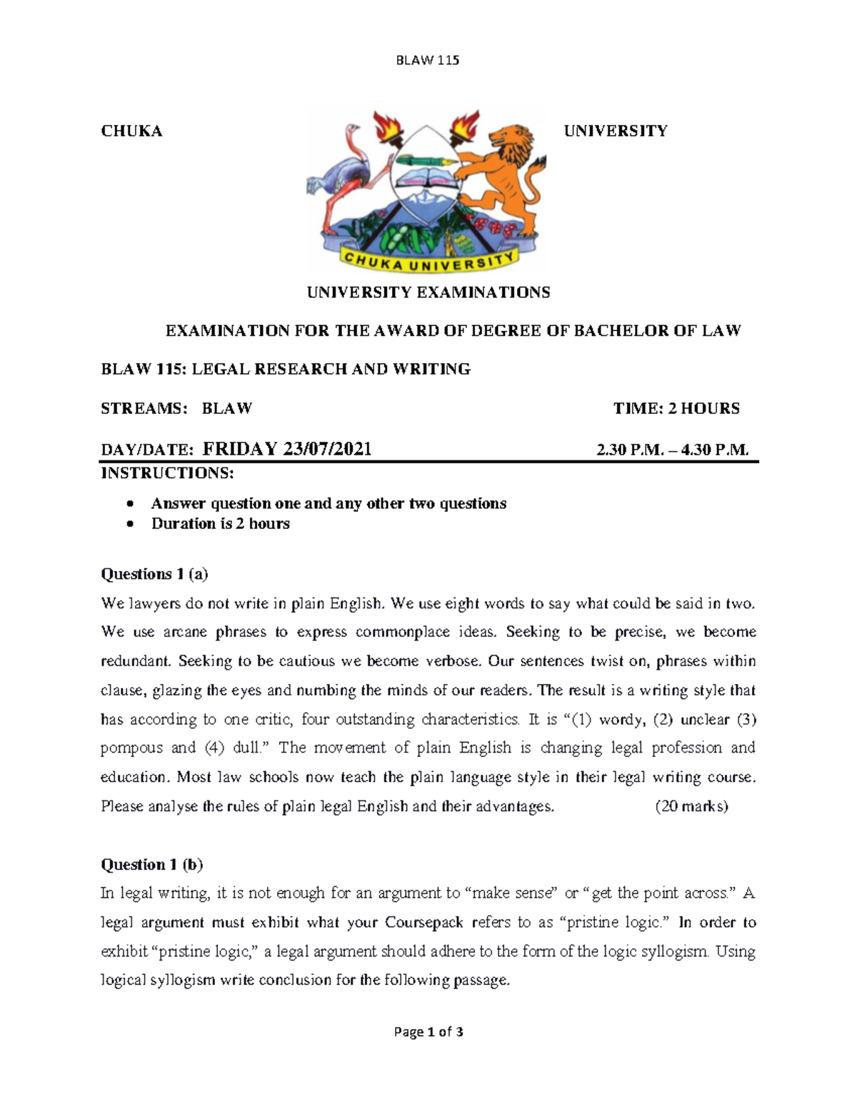 BLAW 115 - LAW - BLAW 115 Page 1 of 3 CHUKA UNIVERSITY UNIVERSITY ...