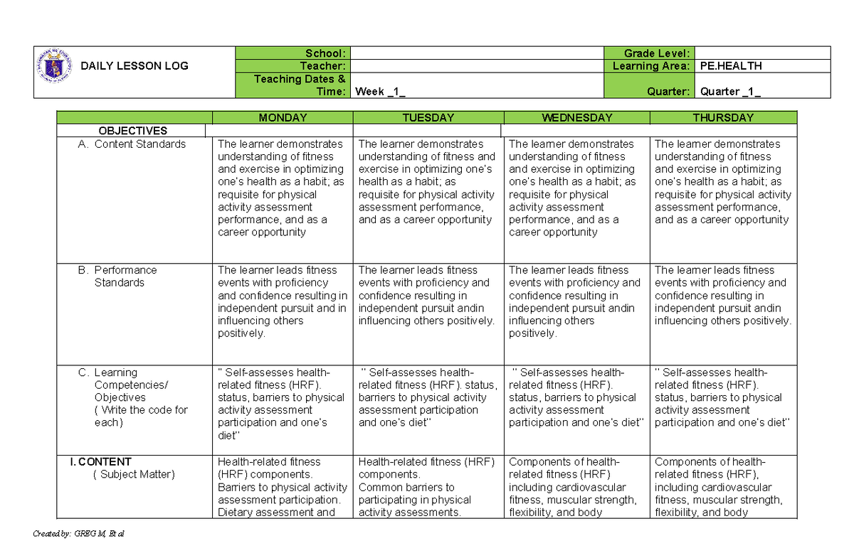 physical education 11. This is for lesson proper only a guide for ...