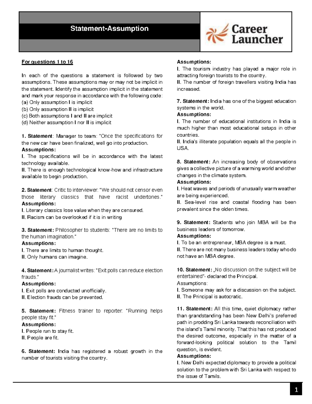 Statement-Assumption - Statement-Assumption 1 For questions 1 to 16 In ...