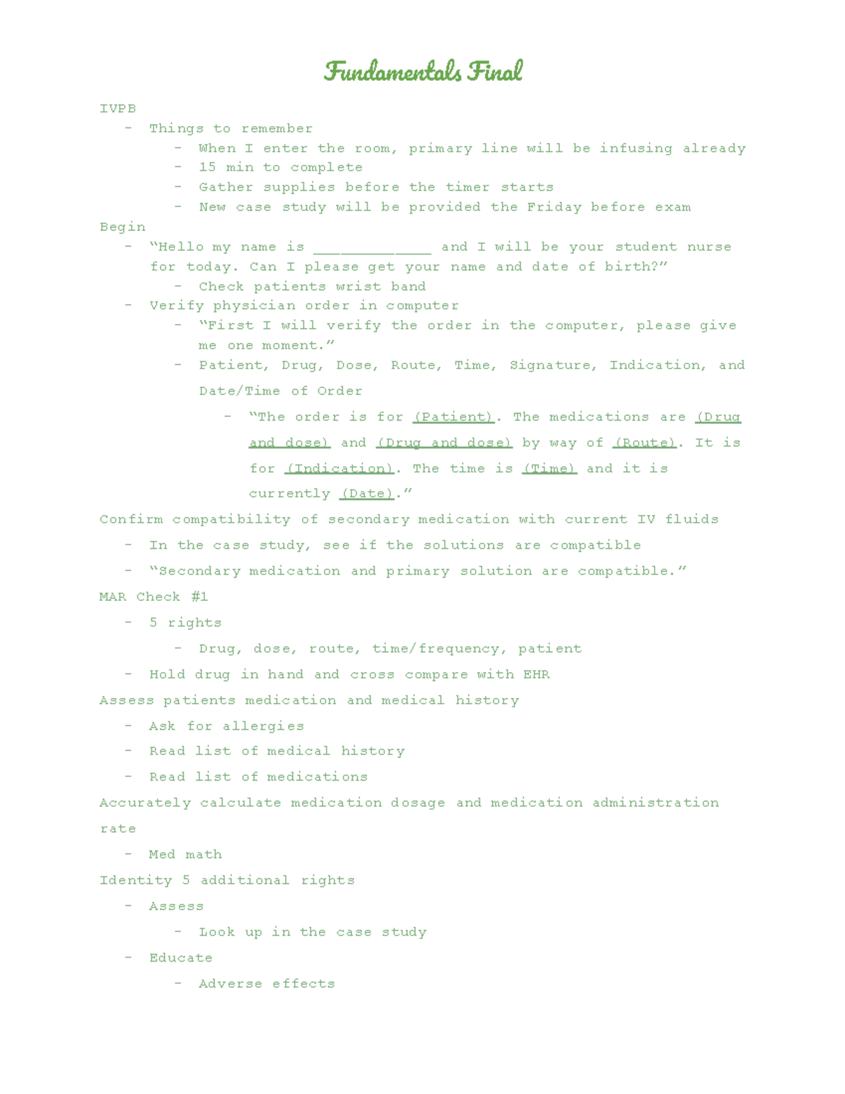 Fundamentals Final - IVPB and Trache care/suctioning - IVPB Things to ...