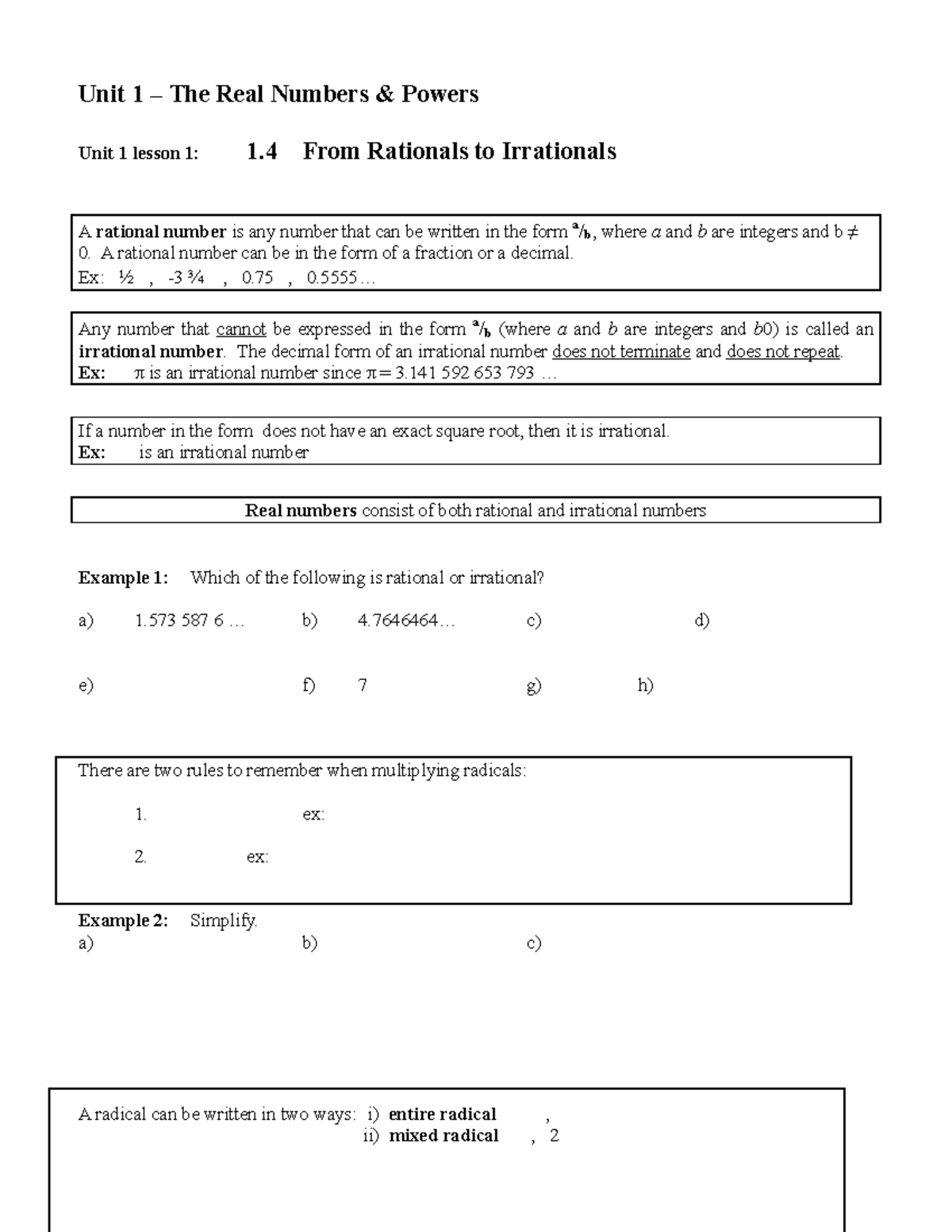 1.1 (1.4) - Rational to Irrationals - Unit 1 – The Real Numbers ...