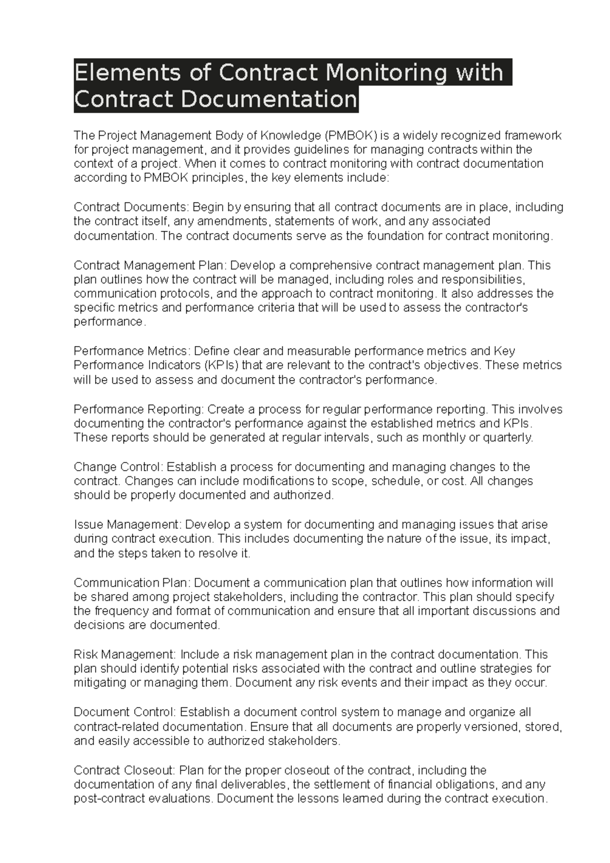 Contract Monitoring With Contract Documentation Elements Of Contract Monitoring With Contract