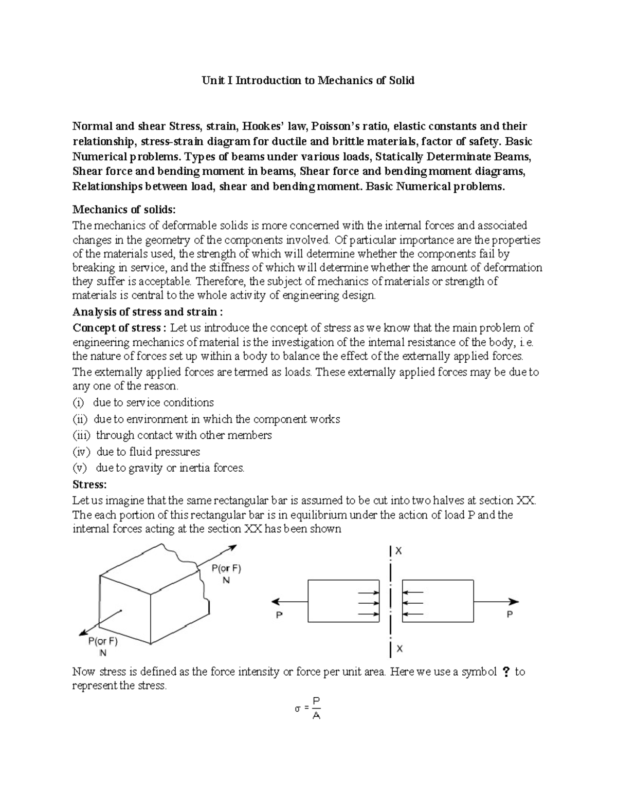 Unit I Introduction to Mechanics of Solid - Basic Numerical problems. Types of beams under ...