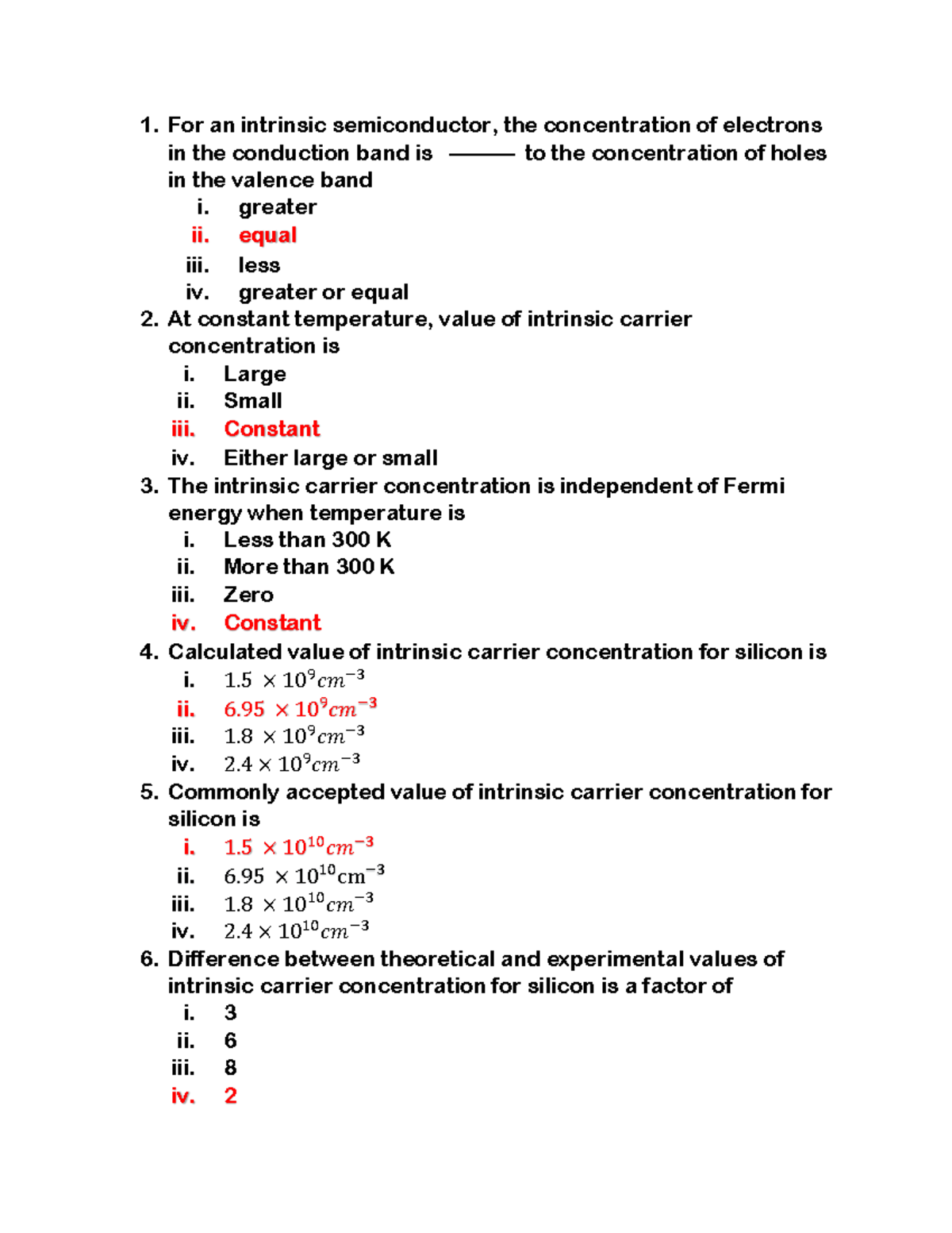 Intrinsic carrier concentration Multiple Choice Questions for practice ...