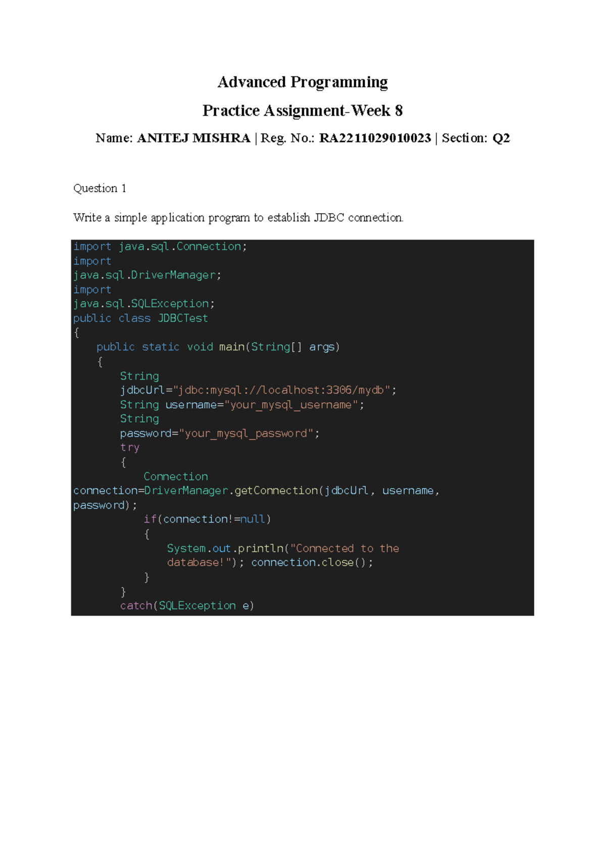 APP Assignment Week 8 - NOTES - import java.sql; import java.sql ...