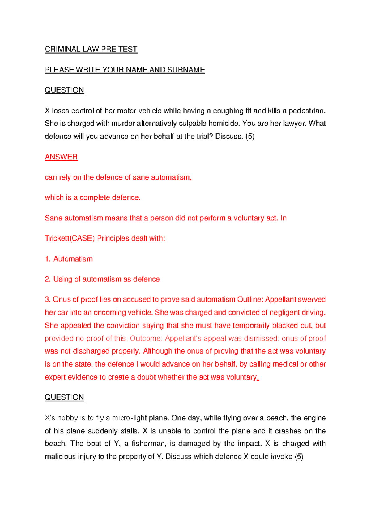 CRIM LAW PRE- TEST - CRIMINAL LAW PRE TEST PLEASE WRITE YOUR NAME AND ...