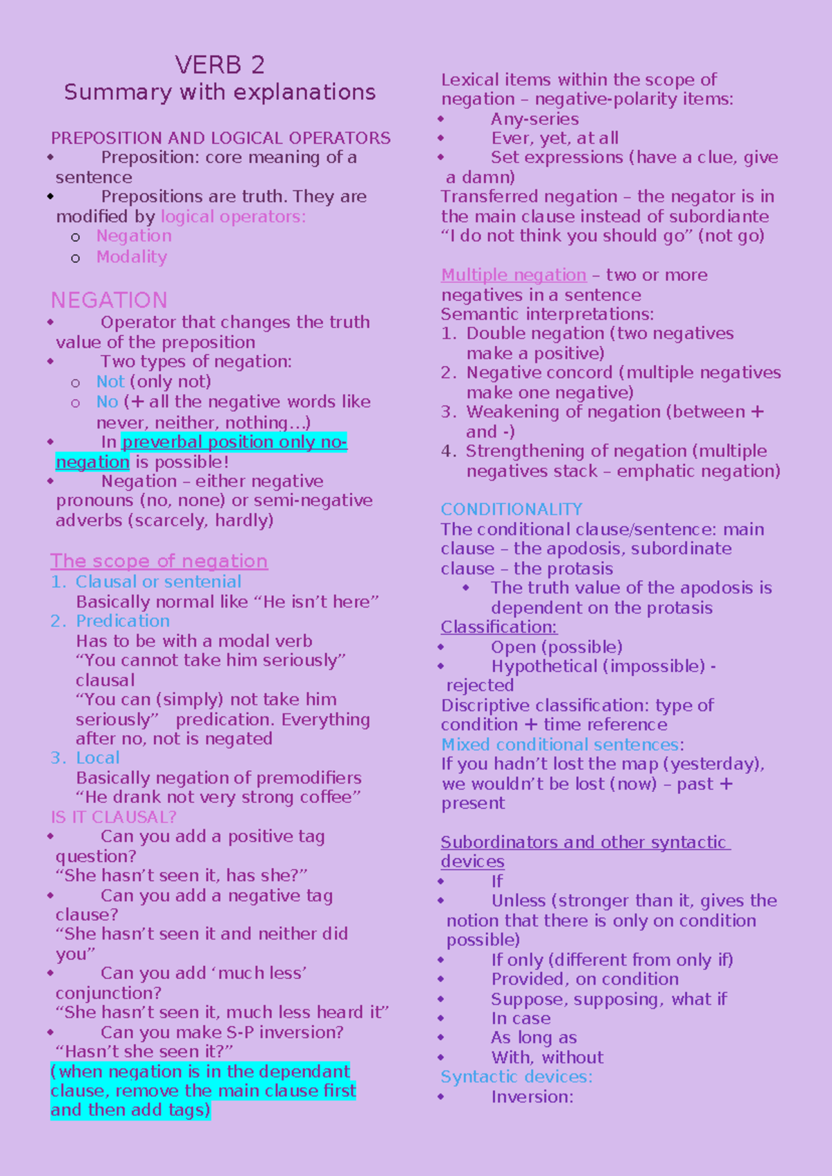 VERB 2 - My summarised lecture notes from verb 2 - VERB 2 Summary with ...